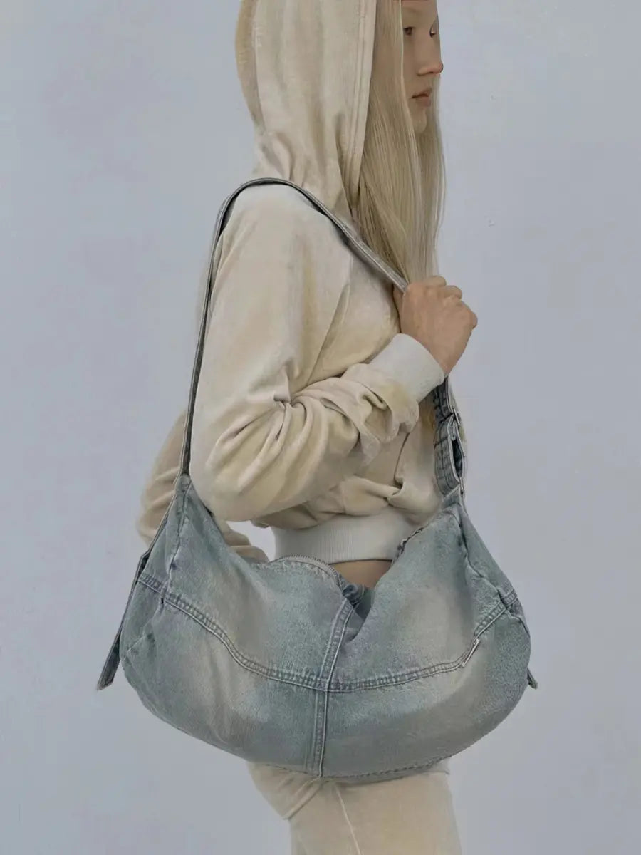 Distressed Tote Bag Washed Denim Single Shoulder
