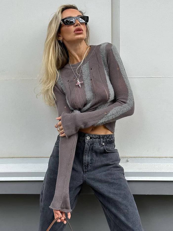 Long-sleeved Sweater with Distressed Detailing for a Slim Fit