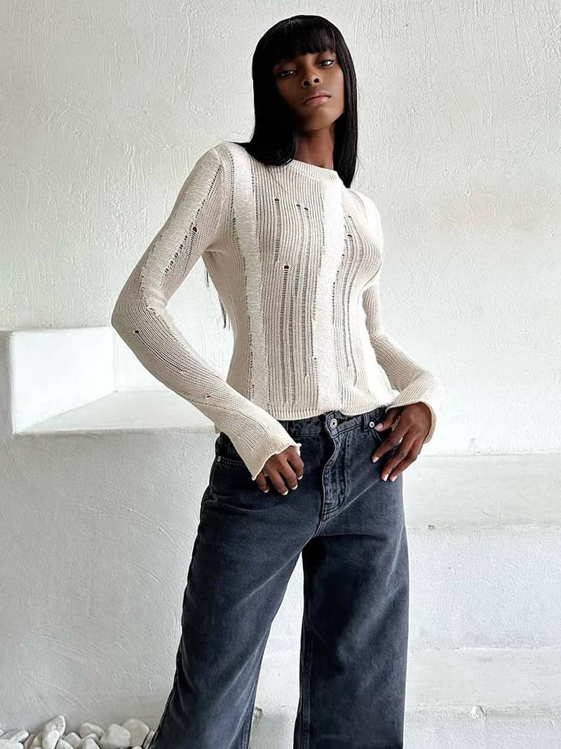 Long-sleeved Sweater with Distressed Detailing for a Slim Fit