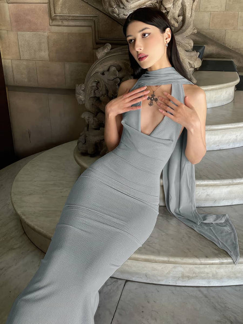 Open Back Halter Neck Collar Dress