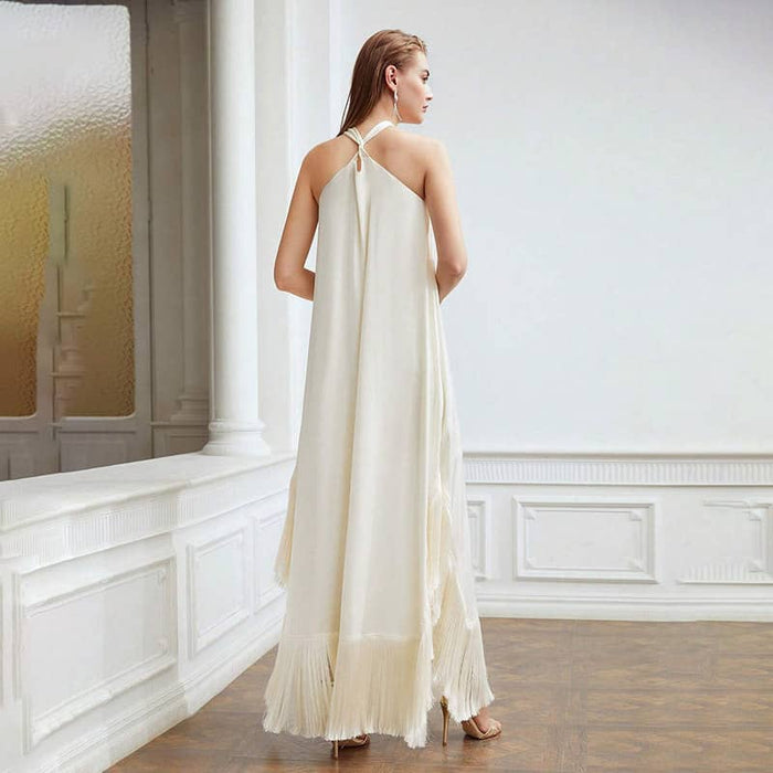 Fringed hem halterneck dress